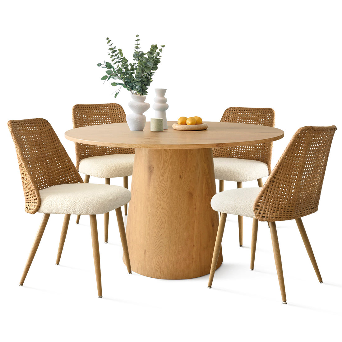 46 Round Rattan & Beige Dining Table Set for 4