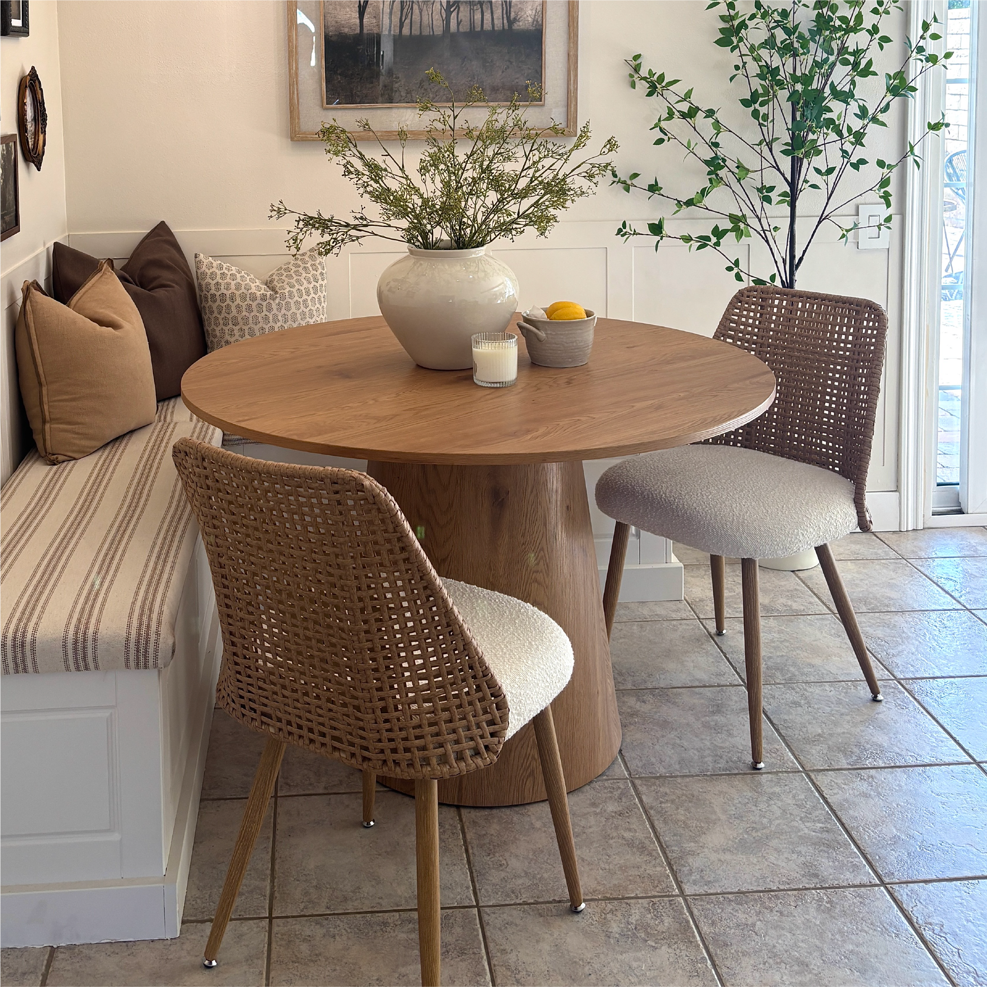 Dwen Nice 46 Round Rattan Beige Dining Table Set for 4 5 Piece Natural