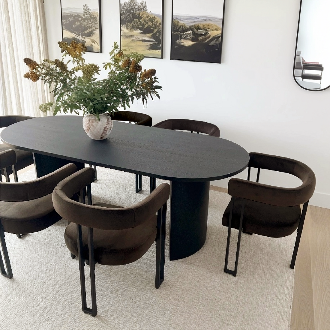 79 Black & Beige Oval Dining Table Set for 6