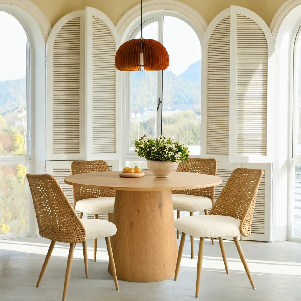 46 Round Rattan & Beige Dining Table Set for 4
