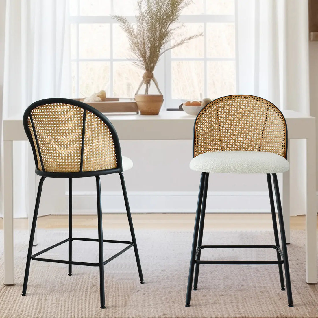 Upholstered Rattan Counter Stool Set of 2(Black/Natural)