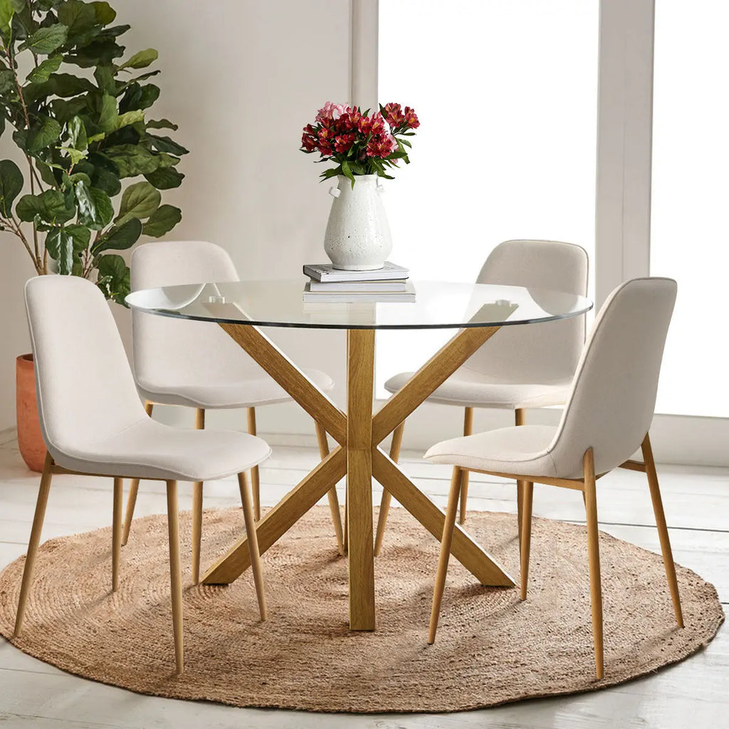 39 Glass Round Dining Table Set for 4(Beige/Green/Gray/Yellow/Blue)