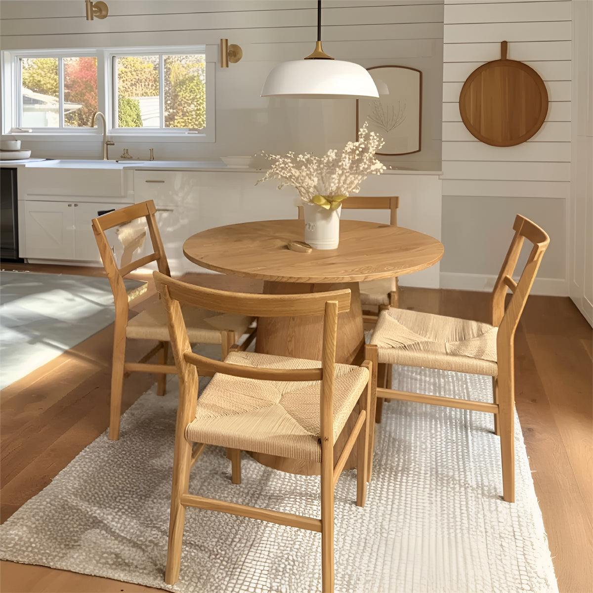 Dwen 35 Round Pedestal Dining Table (Oak/Black/White)